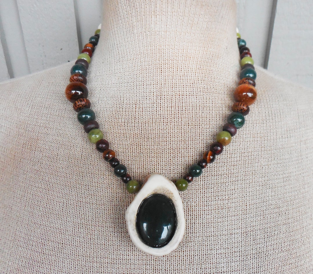 Bloodstone Amulet Adjustable Necklace With Carved Om Cruelty Free Elk ...