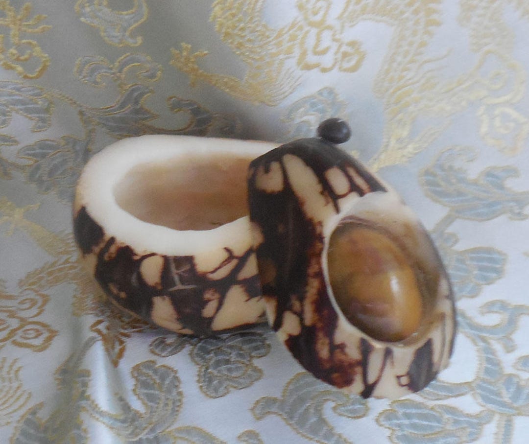 Tiger Eye Carved Tagua Nut Box Large Size Cruelty Free Vegetable Ivory ...