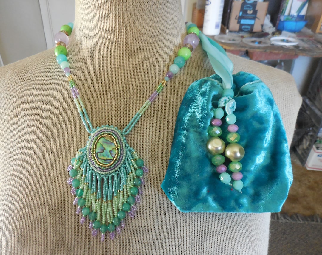 Beaded Abalone Shell Adjustable Necklace With Beaded Quartzite Tassels ...
