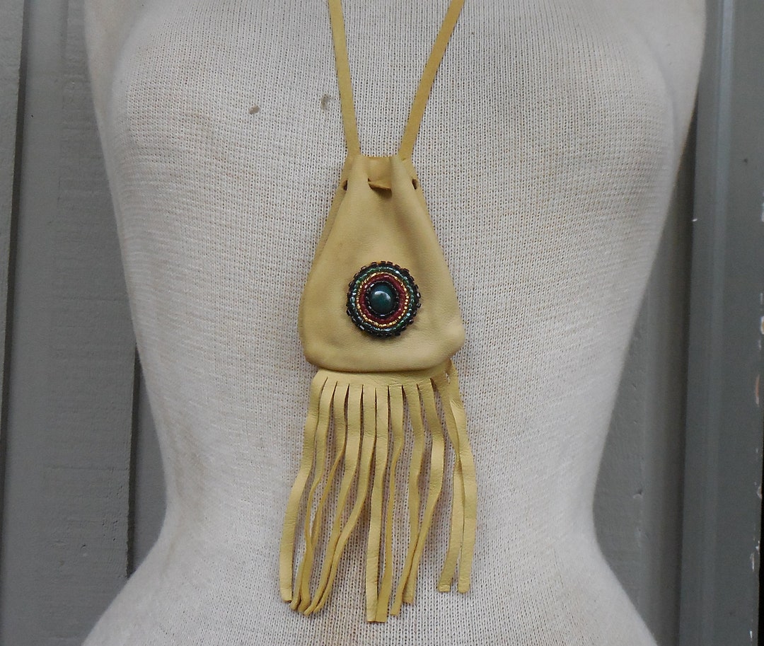 Green Jade Gold Buckskin Beaded Fringed Rasta Necklace Pouch in Black ...