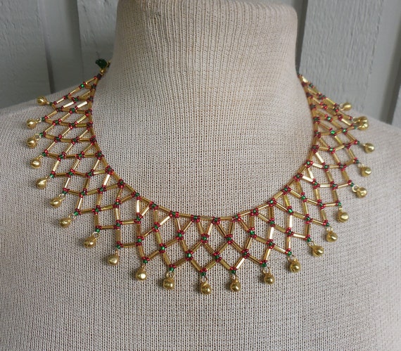 Netted Weave Beaded Rasta Choker Necklace With Gold Bugle Beads Red Green Seed Beads Gold Dancing Bells Adjustable Length Elegant Chic Etsy