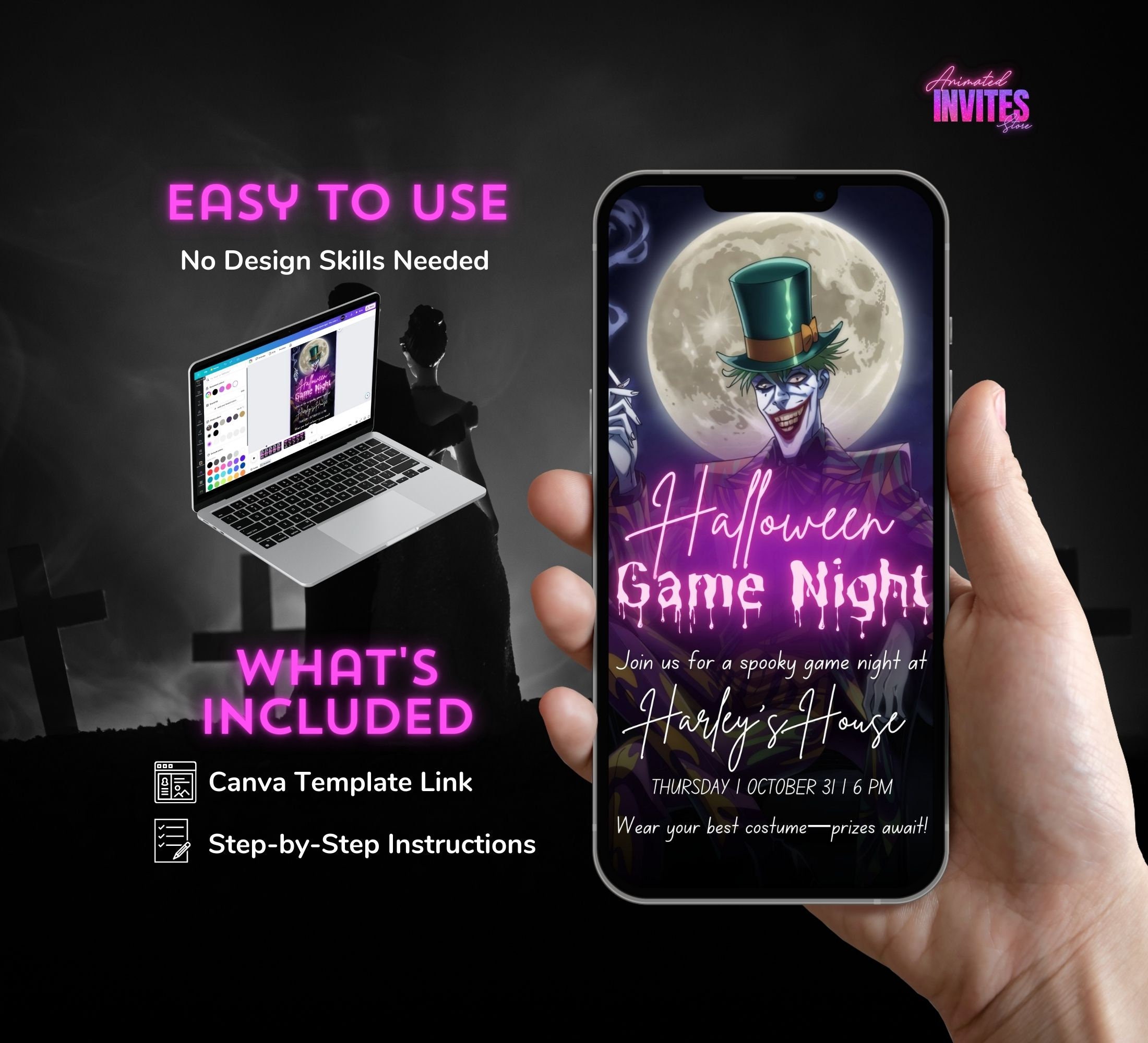Animated Halloween Game Night Invitation, the Iconic Joker Under a Full ...