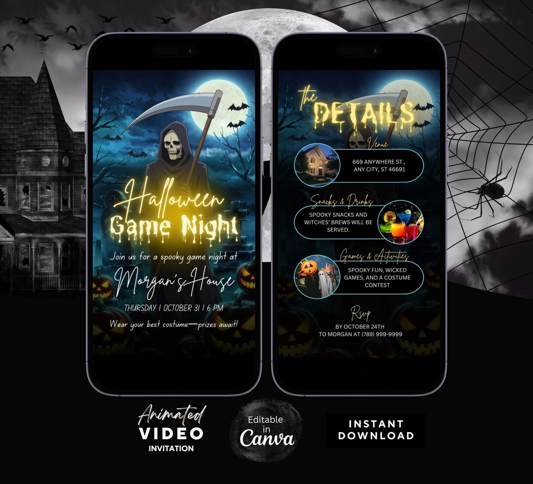 Animated Halloween Game Night Invitation, Grim Reaper Theme ...