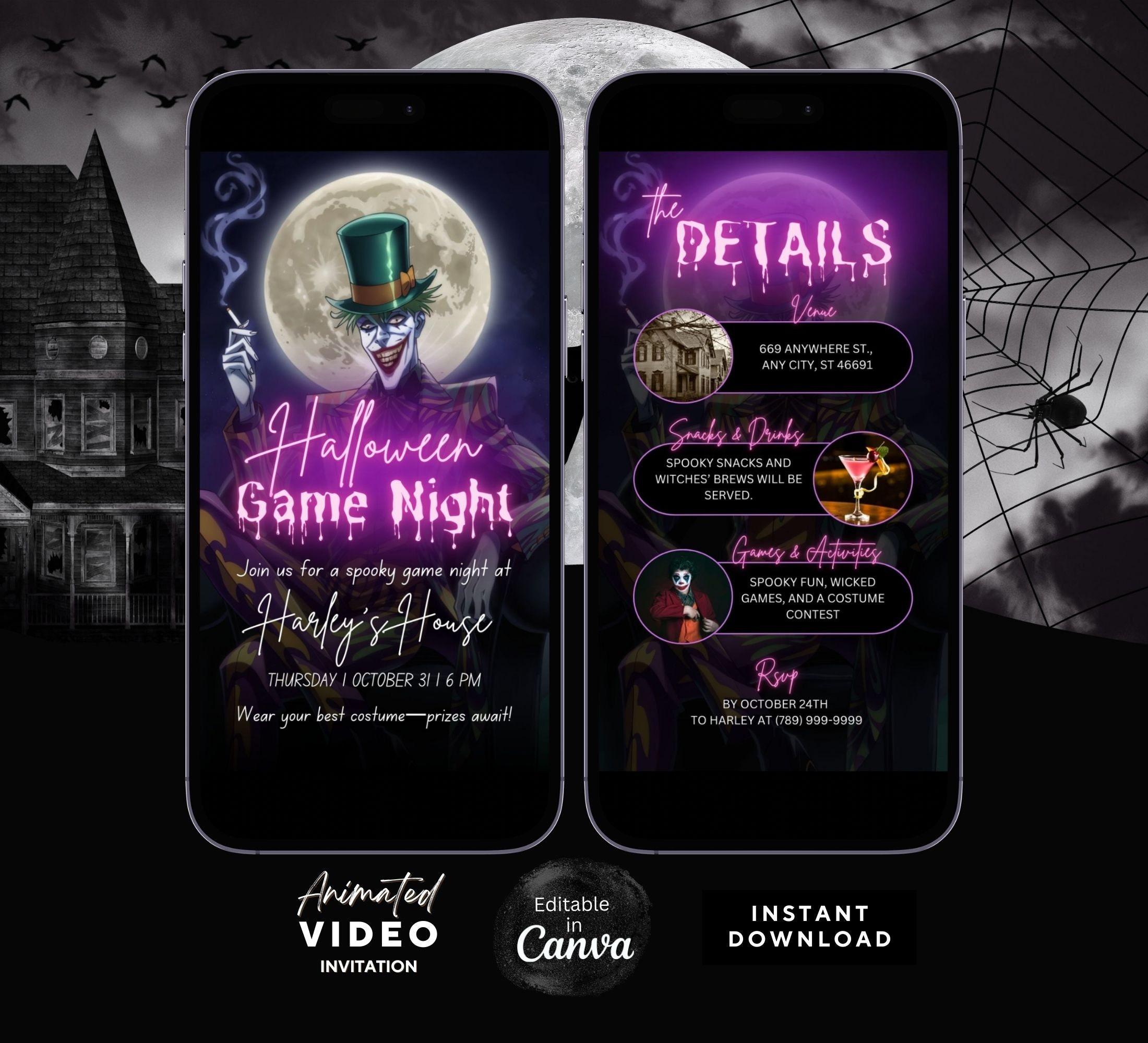 Animated Halloween Game Night Invitation, the Iconic Joker Under a Full ...