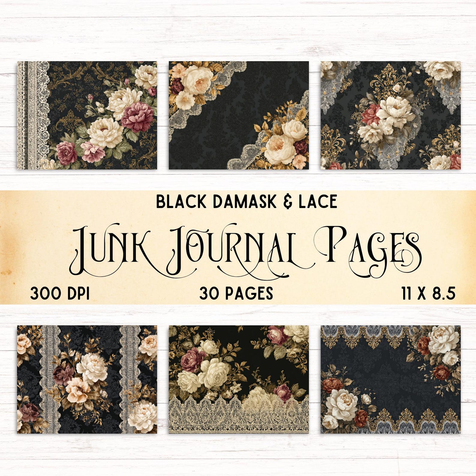 Antique Damask & Lace Digital Paper, Vintage Black Junk Journal ...