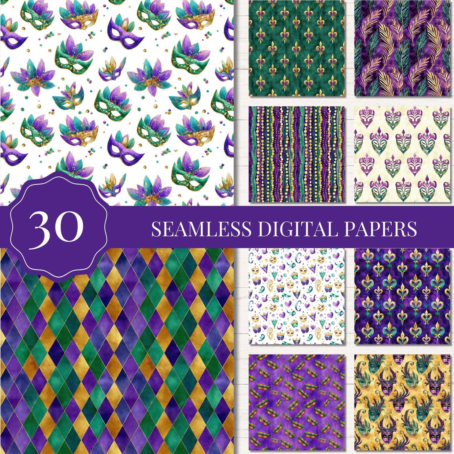 Mardi Gras Digital Paper Pack, Seamless Patterns for Scrapbooking, DIY ...