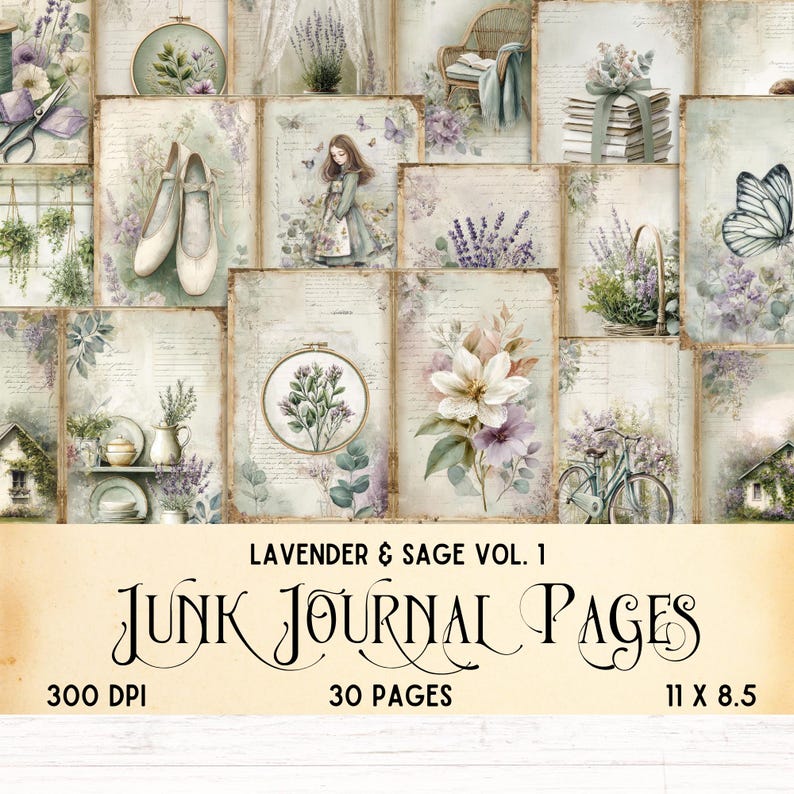 Lavender and Sage Junk Journal Pages, Vintage Scrapbook Paper ...