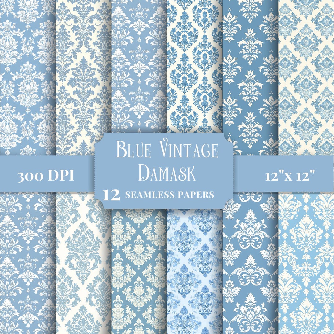 Seamless Dusty Blue Damask Digital Paper, Stylish Vintage Victorian ...
