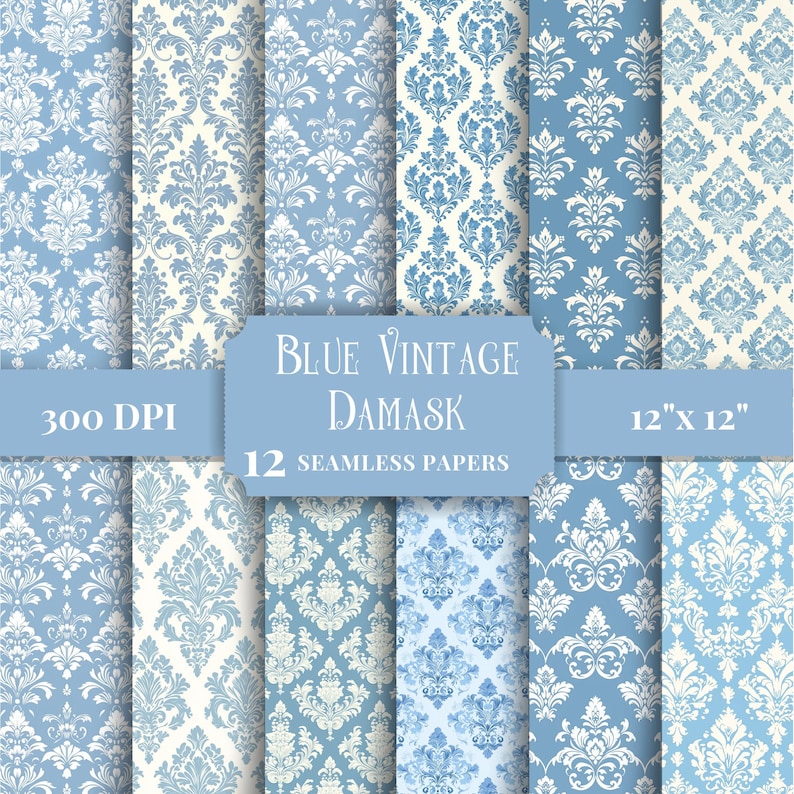 Seamless Dusty Blue Damask Digital Paper, Stylish Vintage Victorian ...