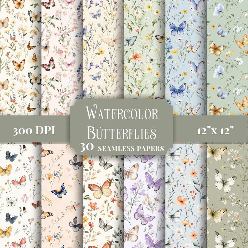 Butterfly & Wildflowers Seamless Patterns, Watercolor Digital Paper ...