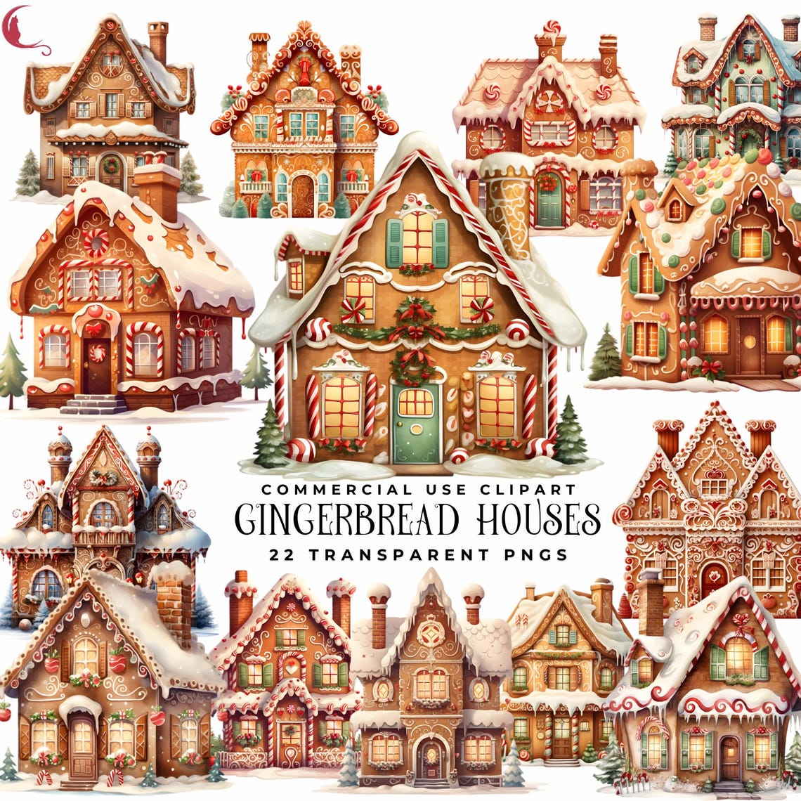 Vintage Gingerbread Houses Christmas Clipart Commercial Use Instant ...