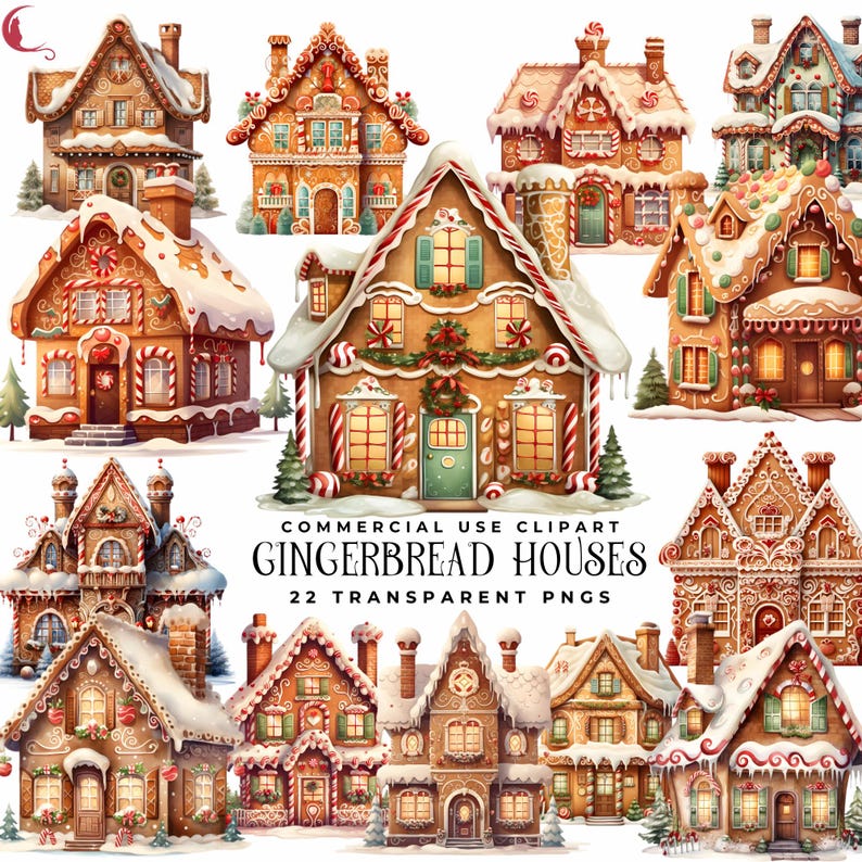 Vintage Gingerbread Houses Christmas Clipart Commercial Use Instant ...
