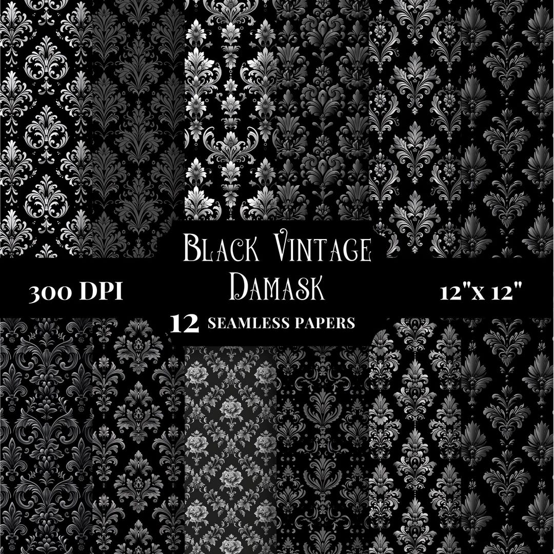 Seamless Black Damask Digital Paper, Stylish Vintage Victorian Patterns ...