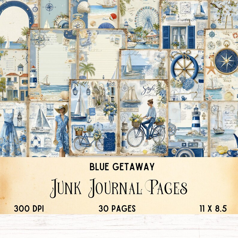 Blue Getaway Junk Journal Pages, Printable Beach Vacation Collage ...