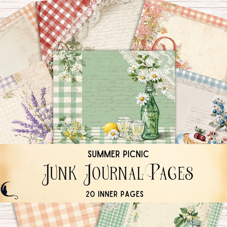 Summer Picnic Gingham & Lace Junk Journal Kit, Printable Cottagecore ...