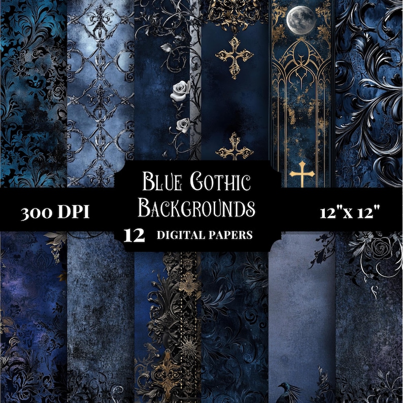 Blue Gothic Digital Paper, Dark Aesthetic Printable Backgrounds for ...