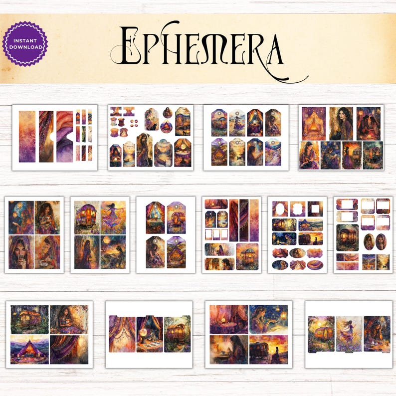 Gypsy Junk Journal Ephemera Kit, Printable Bohemian Ephemera Tags ...