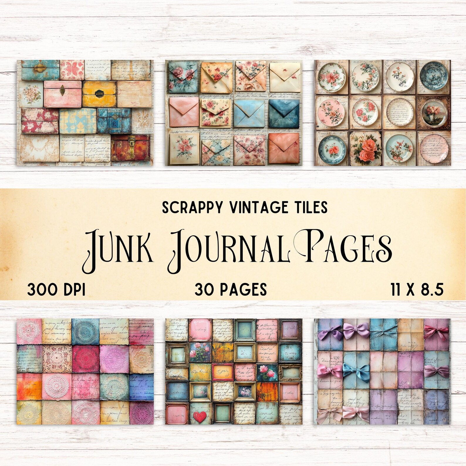 Scrappy Vintage Tiles Junk Journal Kit, Rustic Printable Digital ...