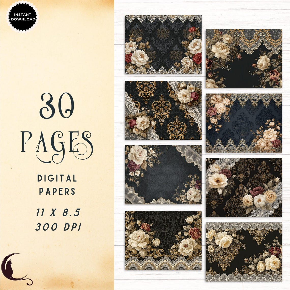 Antique Damask & Lace Digital Paper, Vintage Black Junk Journal ...