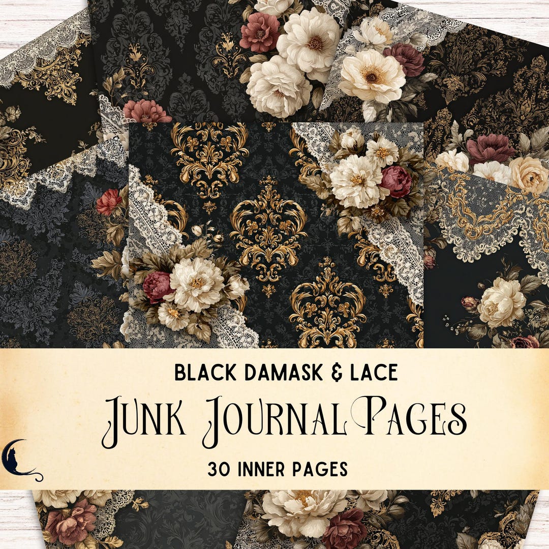 Antique Damask & Lace Digital Paper, Vintage Black Junk Journal ...