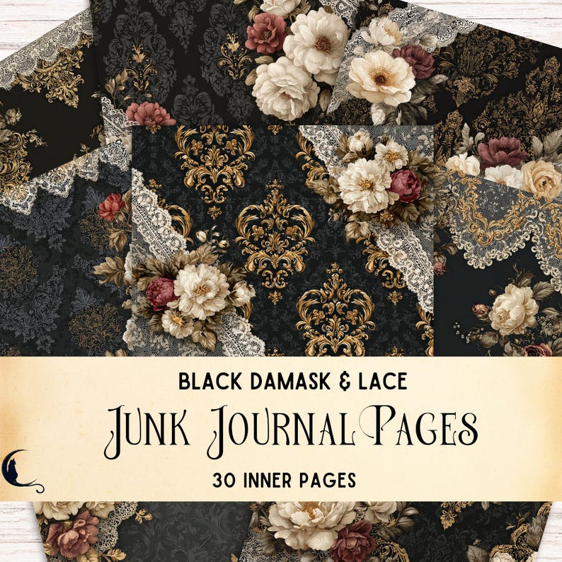 Antique Damask & Lace Digital Paper, Vintage Black Junk Journal ...