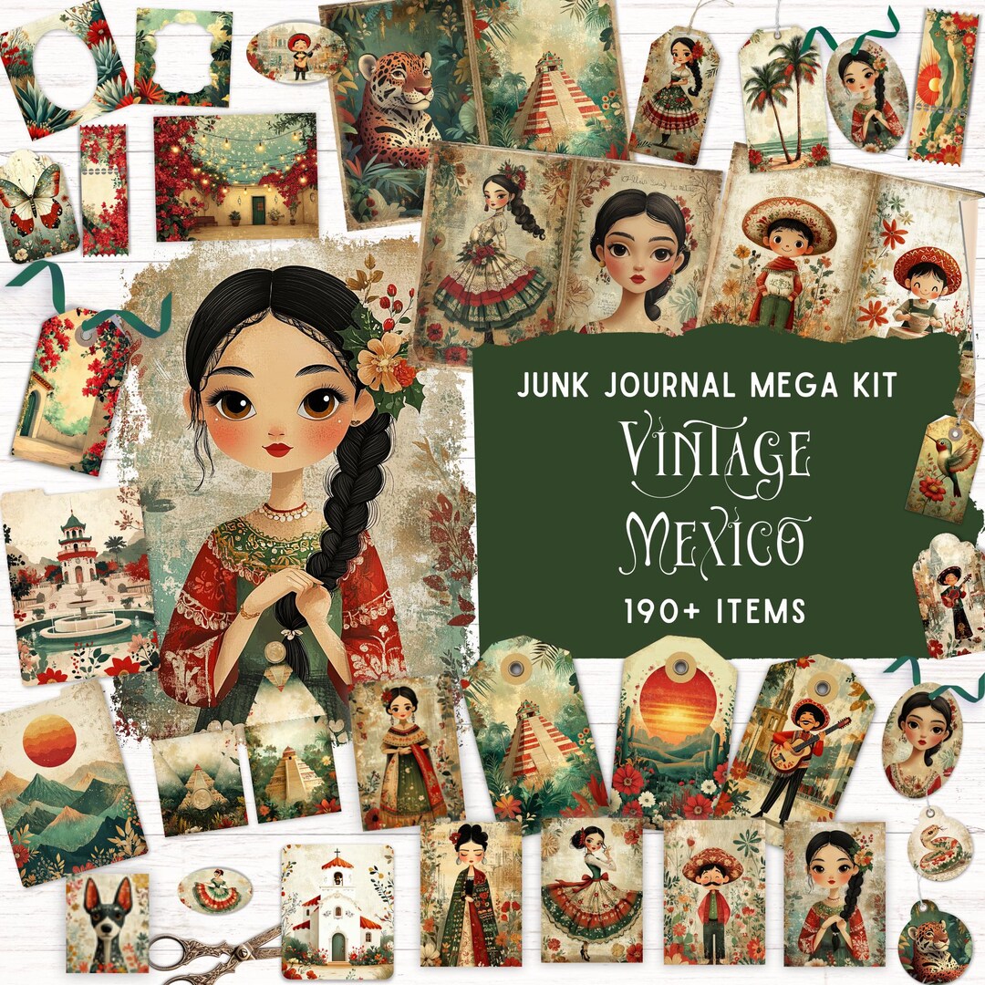 Vintage Mexico Junk Journal Kit, Printable Folio Kit, Mexican Folk Art ...