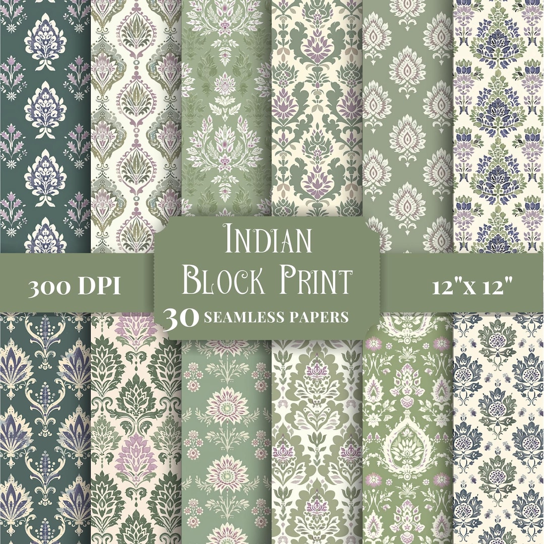 Indian Block Print Digital Paper, Seamless Floral Patterns, Printable ...