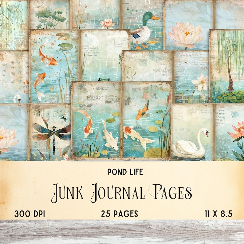 Junk Journal Kits Pond, Pond Water Digital Papers, Koi Fish, Dragonfly ...