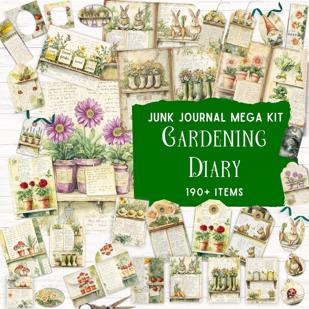 Gardening Diary Junk Journal Kit, Printable Folio Kit, Vintage Botanical Ephemera, Collage Sheet ...