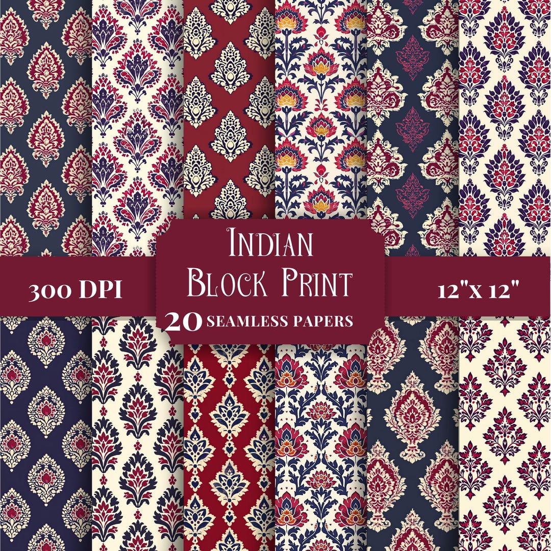 Indian Block Print Digital Paper, Seamless Floral Patterns, Printable ...