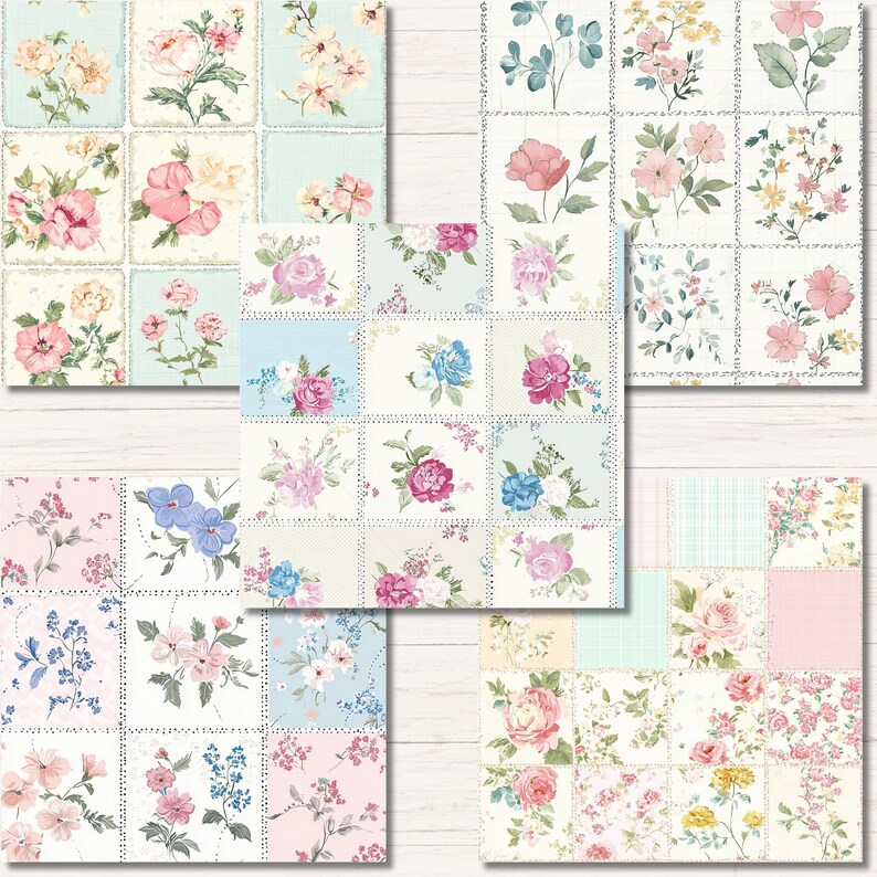 Pastel Floral Patchwork Digital Paper, Vintage Cottagecore Backgrounds ...