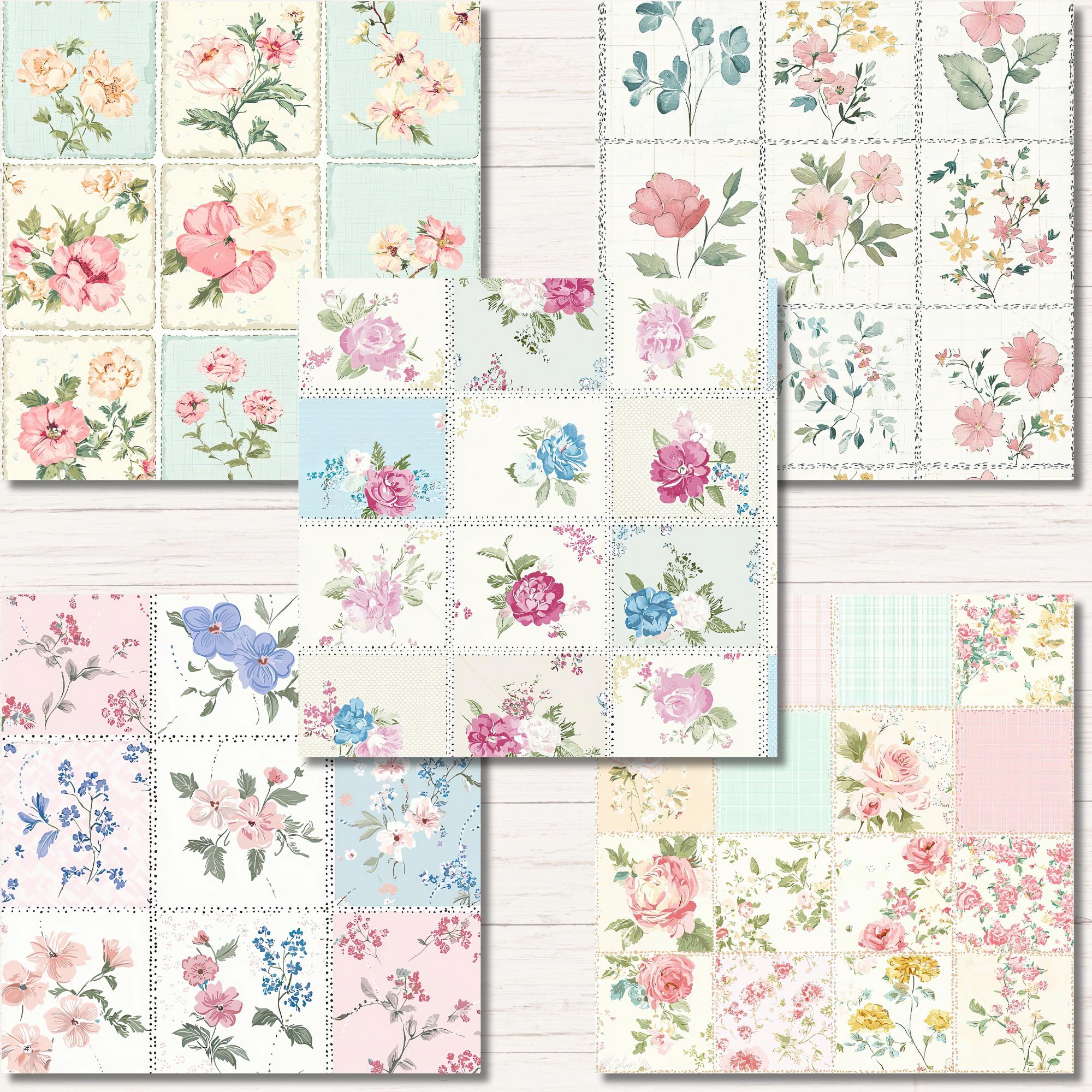 Pastel Floral Patchwork Digital Paper, Vintage Cottagecore Backgrounds ...