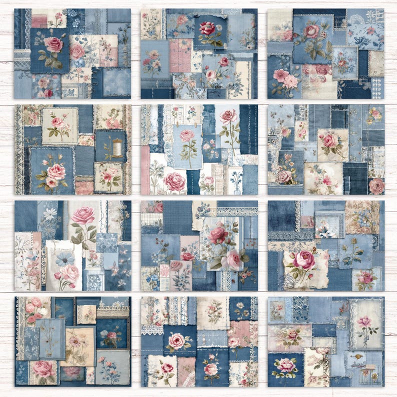 Floral Denim Collage Junk Journal Kit, Digital Printable Textured ...