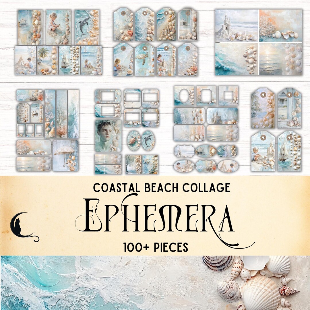 Coastal Collage Junk Journal Kit, Printable Ephemera, Nautical Tags ...