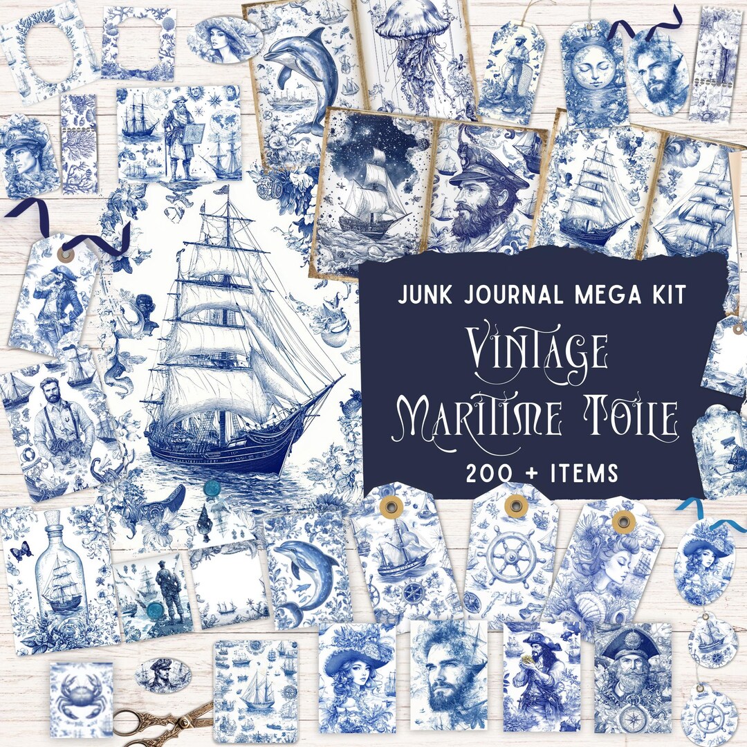 Maritime Blue Toile Junk Journal Kit, Printable Folding Folio Kit ...