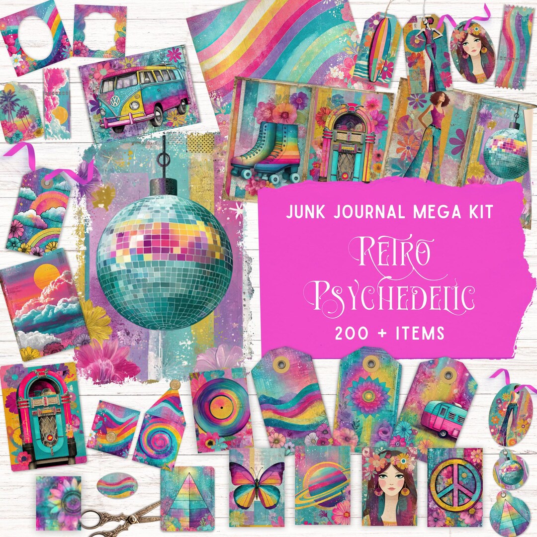 Retro Psychedelic Junk Journal Kit, Printable Folio Pocket Kit, Vintage ...