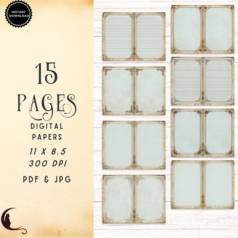 Dusty Blue Antique Corner Junk Journal Pages, Digital Vintage Lined and ...