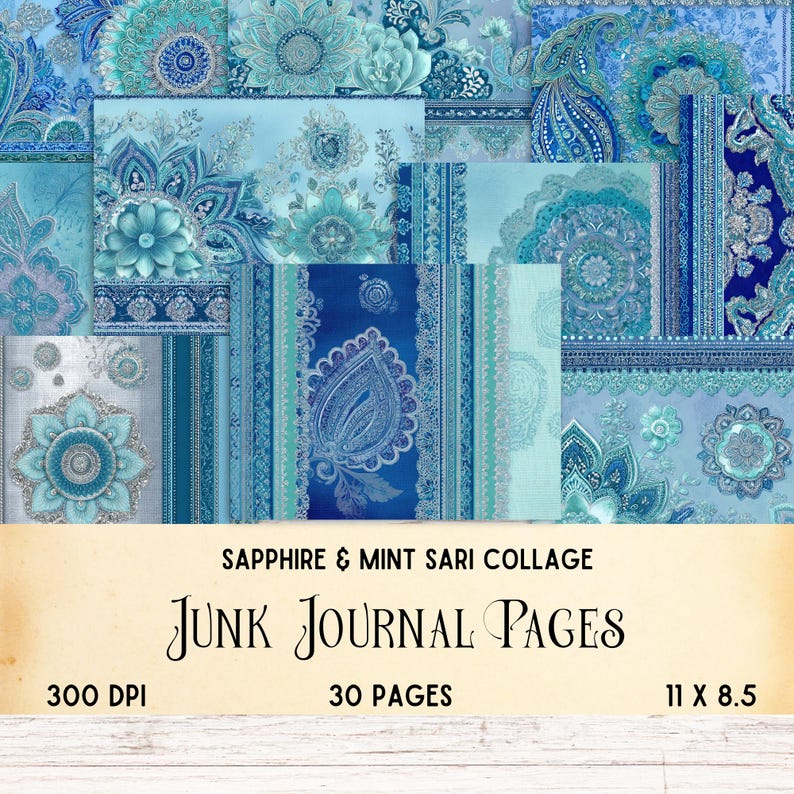 Blue Green Indian Collage Junk Journal Kit, Printable Digital Scrapbook ...