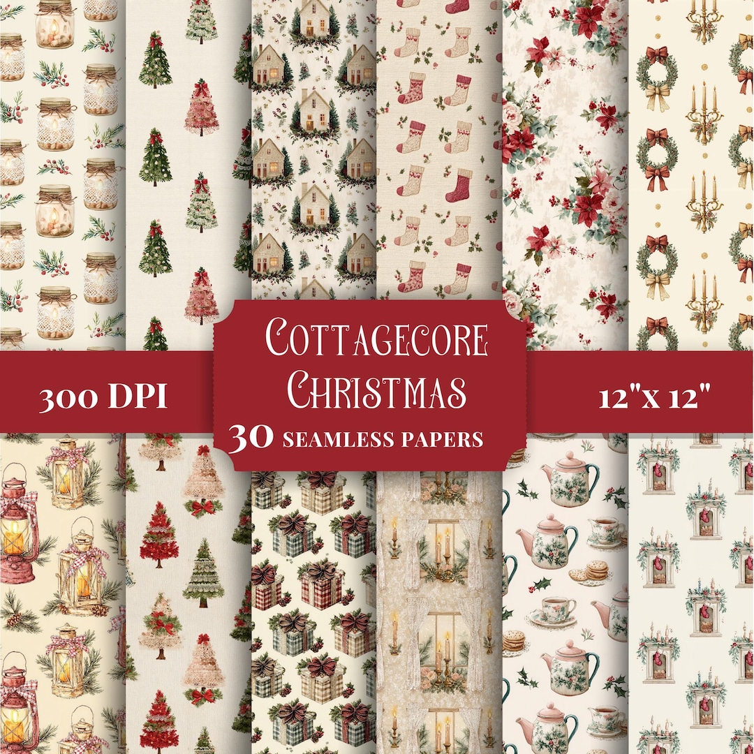 Seamless Cottagecore Christmas Digital Paper Pack, Rustic Winter ...