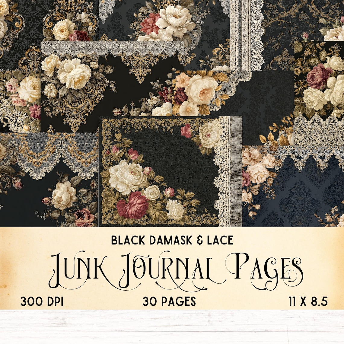Antique Damask & Lace Digital Paper, Vintage Black Junk Journal ...
