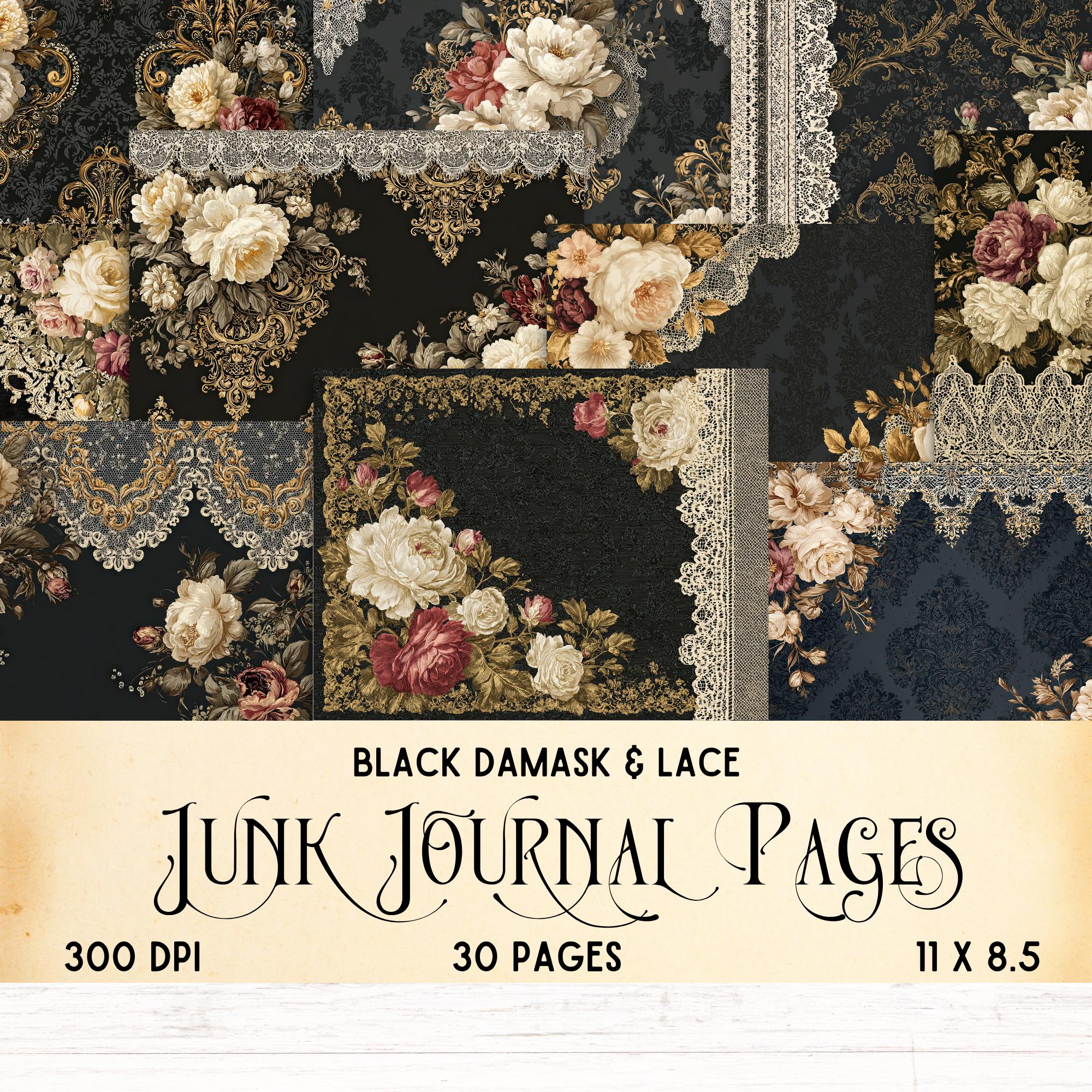 Antique Damask & Lace Digital Paper, Vintage Black Junk Journal ...
