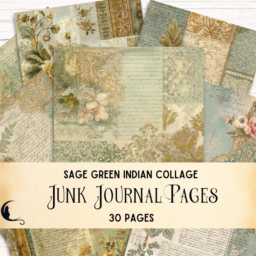 Sage Green Indian Collage Junk Journal Kit, Printable Digital Scrapbook ...
