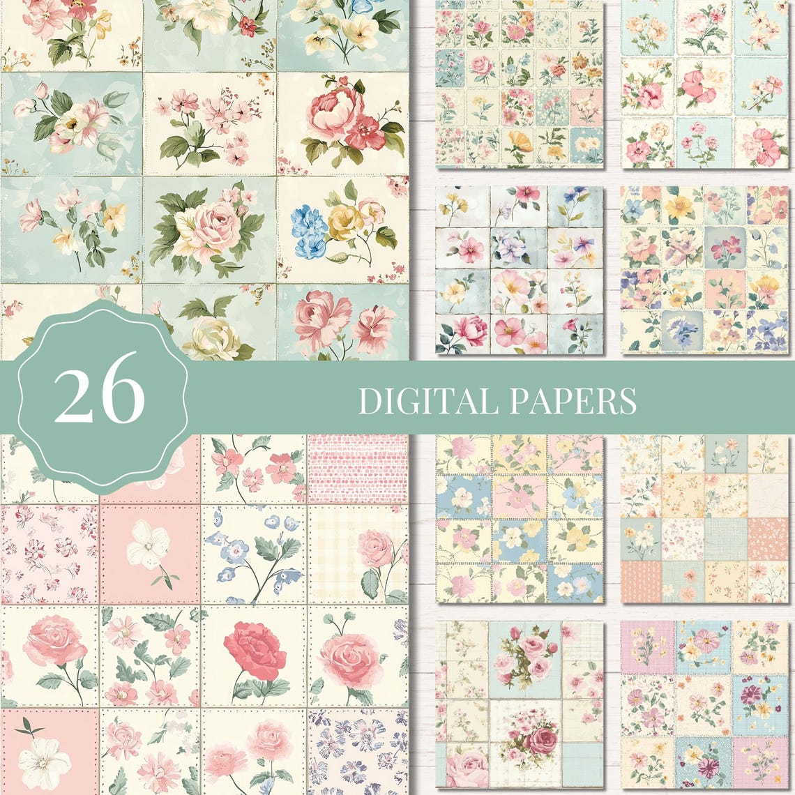 Pastel Floral Patchwork Digital Paper, Vintage Cottagecore Backgrounds ...