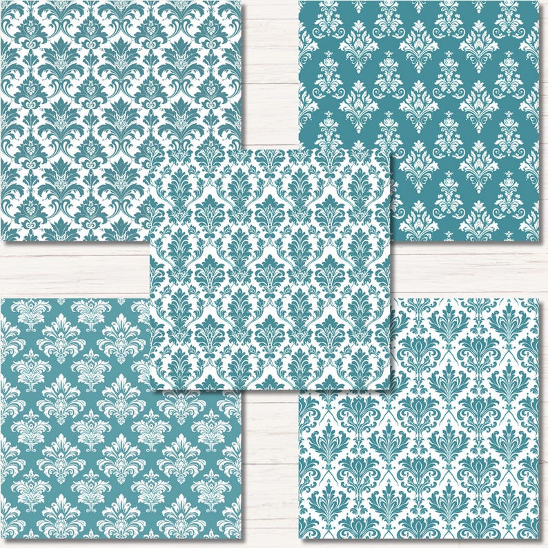 Seamless Teal Damask Digital Paper, Stylish Vintage Victorian Patterns ...
