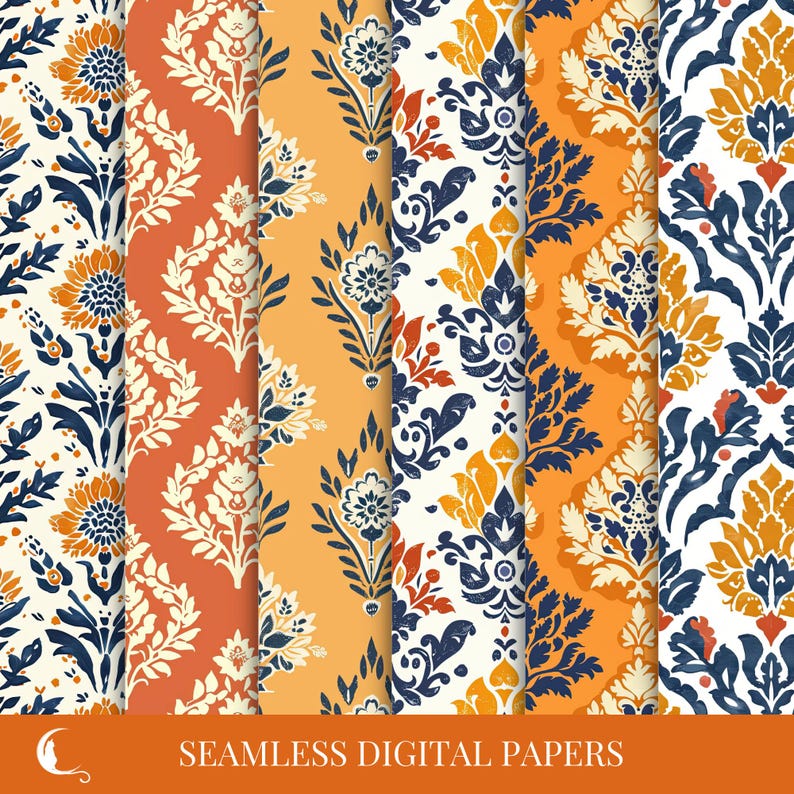 Indian Block Print Digital Paper, Seamless Floral Patterns, Printable ...