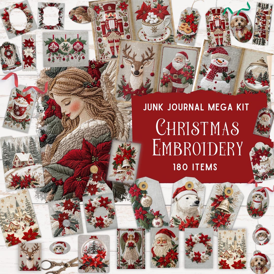 Christmas Embroidery Junk Journal Kit, Christmas Folio Kit, Vintage ...