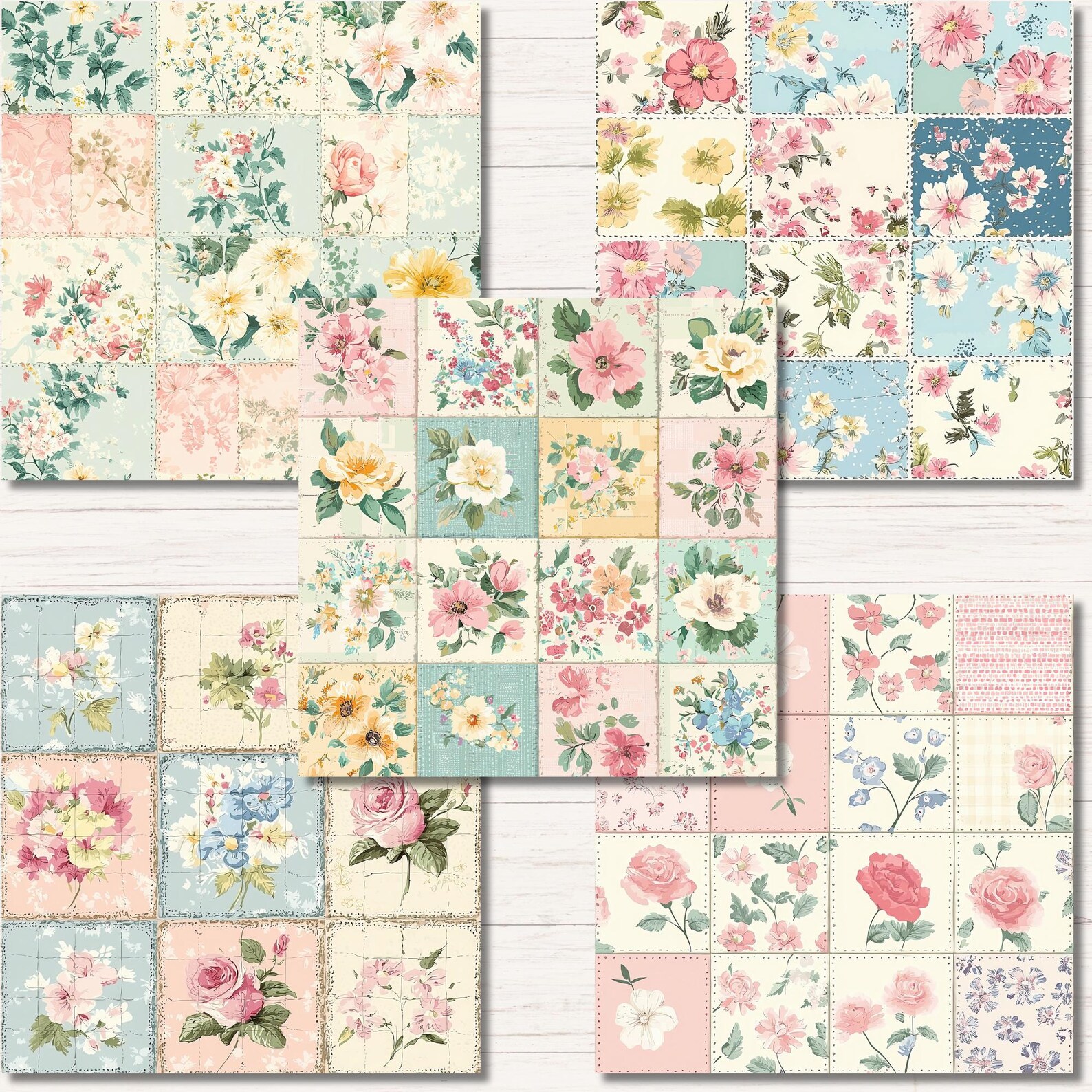 Pastel Floral Patchwork Digital Paper, Vintage Cottagecore Backgrounds ...
