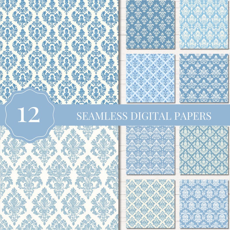 Seamless Dusty Blue Damask Digital Paper, Stylish Vintage Victorian ...