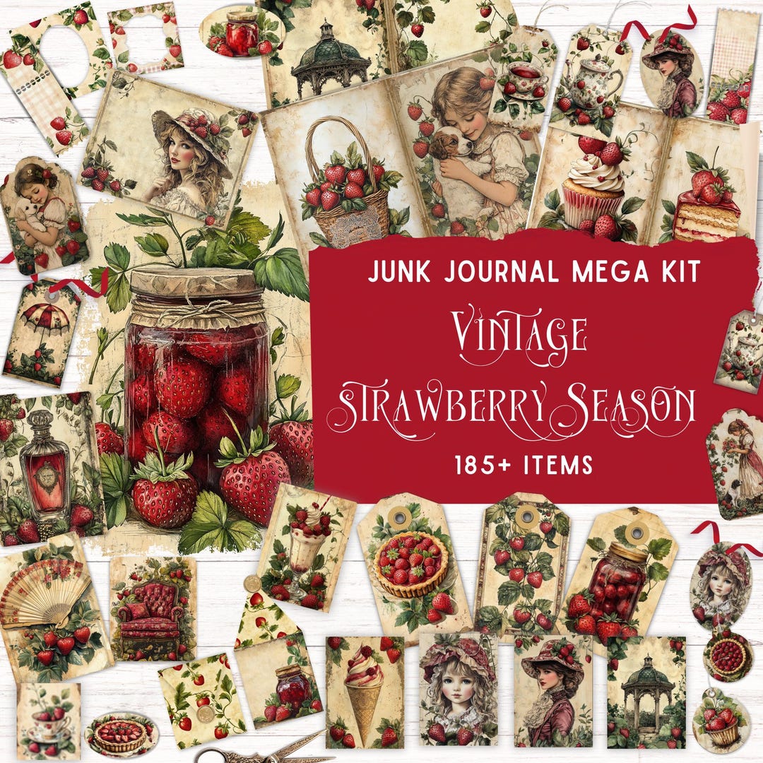Vintage Strawberry Season Junk Journal Kit, Printable Folio Kit, Retro ...
