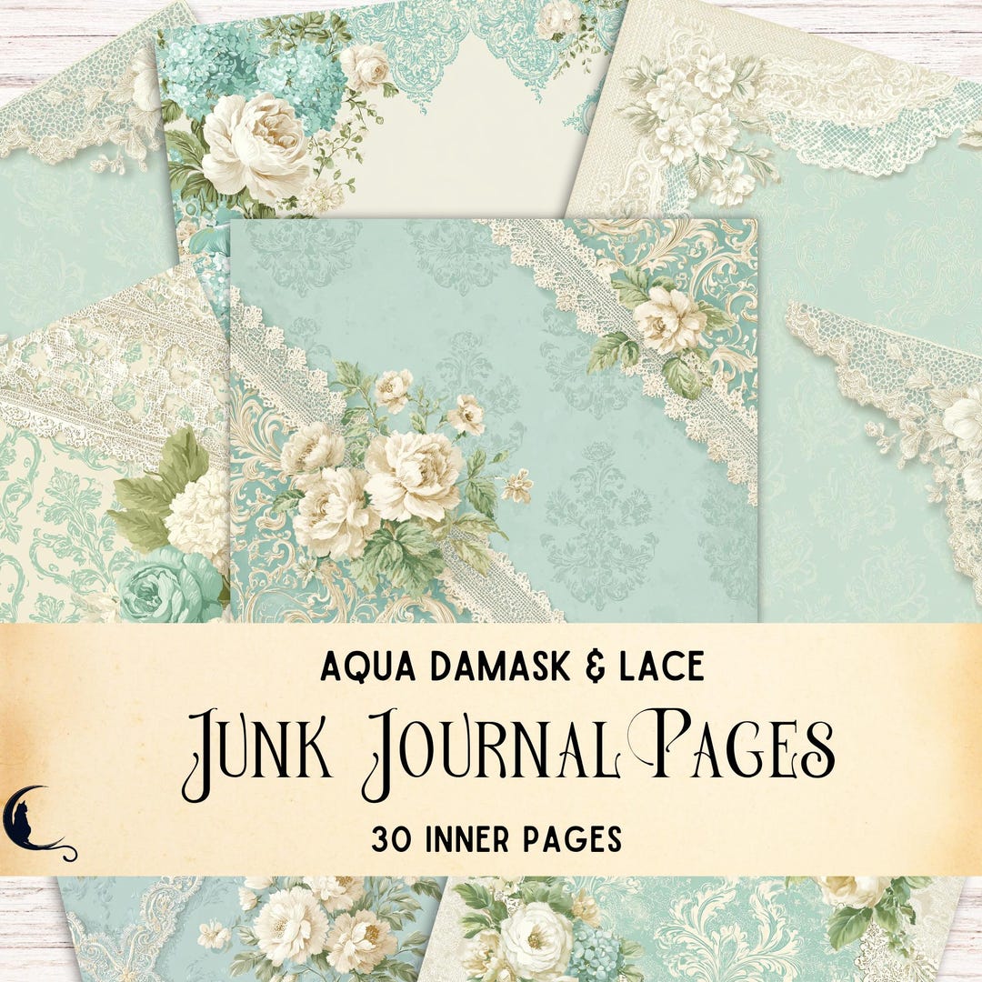 Antique Aqua Damask & Lace Digital Paper, Vintage Junk Journal Ephemera ...